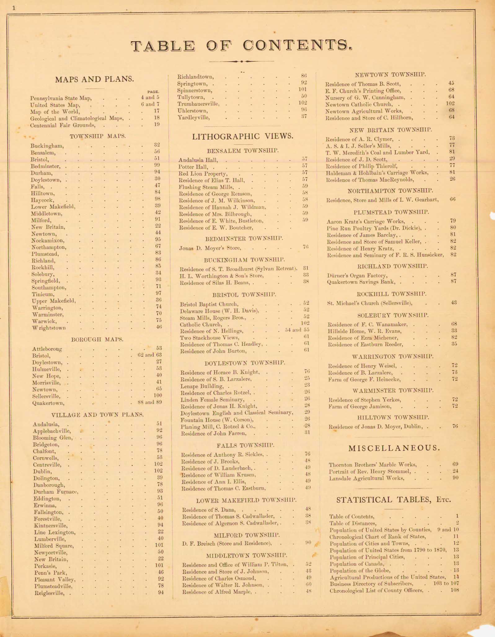 Combination Atlas Map of Bucks County, Pennsylvania, J. D. Scott, 1876 ...